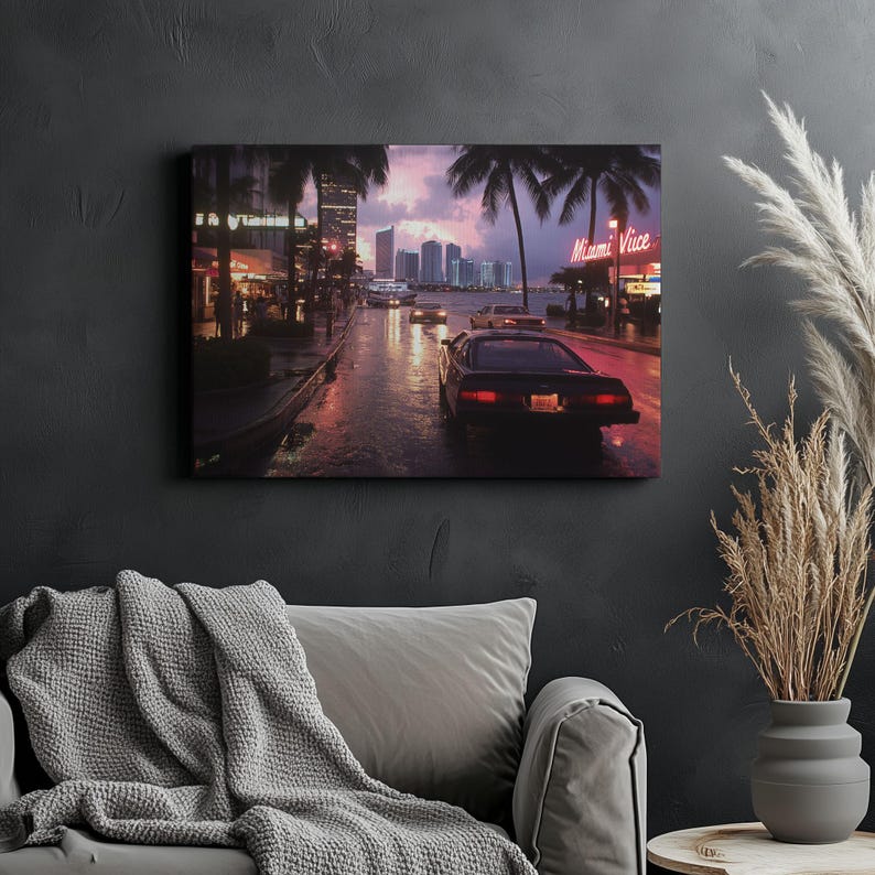 Miami Vice Canvas - Retro Miami Skyline Art - 80s Aesthetic Wall Print ...