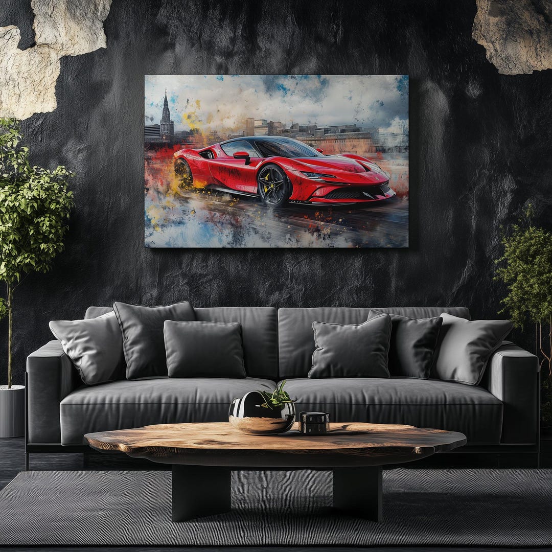 Ferrari SF90 Canvas - Watercolor Supercar Art - Abstract Racing Poster ...