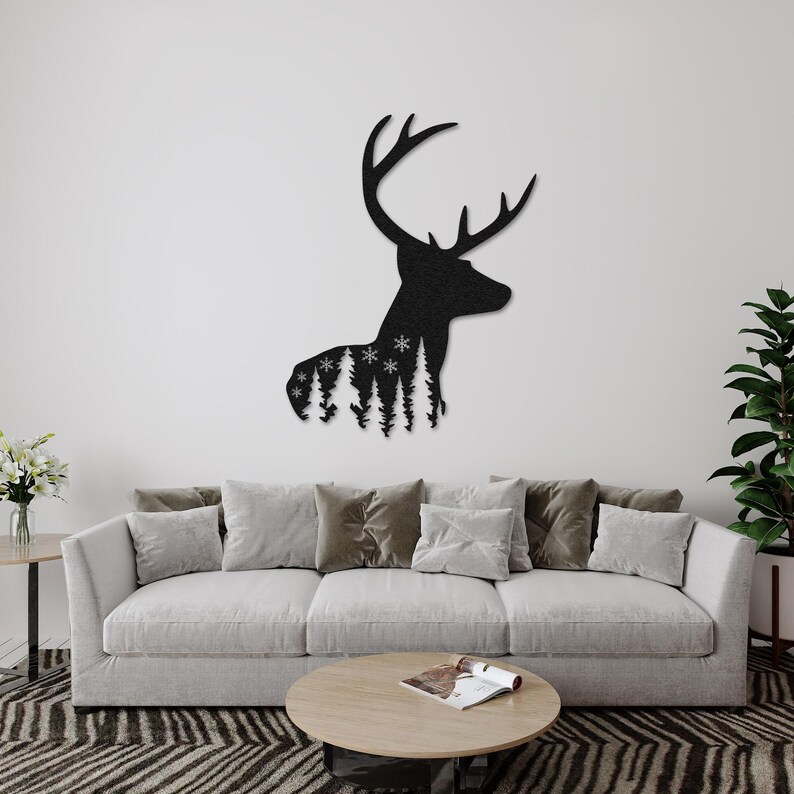 Metal Deer Head Wall Art, Antlered Silhouette, Christmas Decor - Etsy