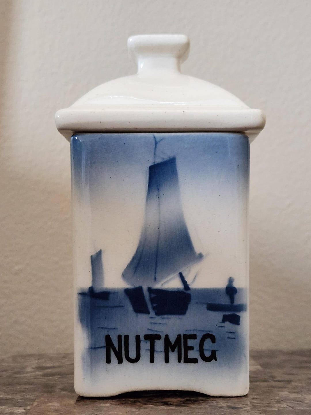Vintage Ditmar Urbach Ceramic Nutmeg Container, Blue and White Sailboat ...