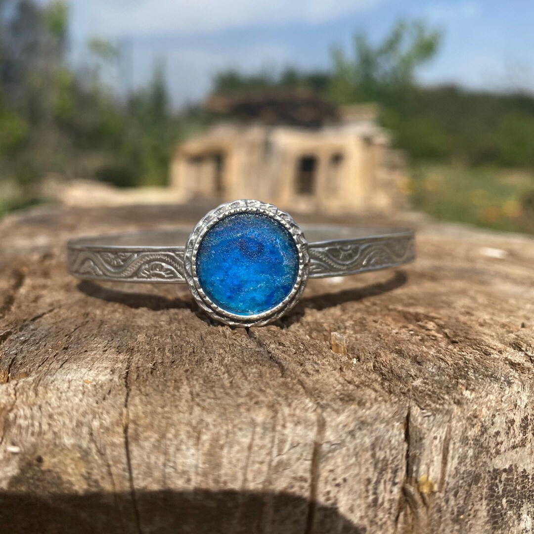 Blue Roman Glass Bracelet, Engraving 925 Sterling Silver Bangle ...