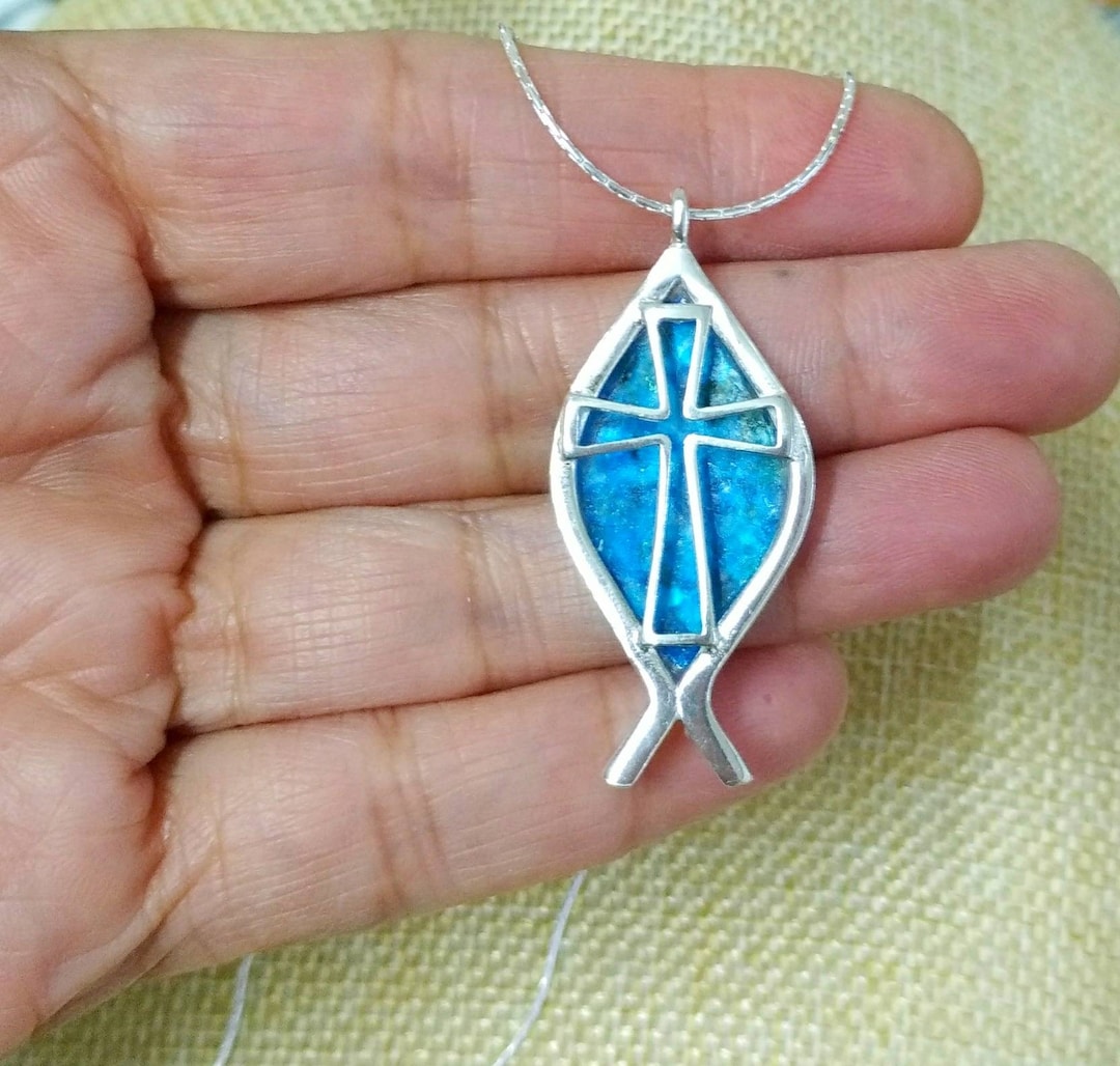 Unique Blue Roman Glass Cross, 925 Silver Necklace, Sacred Fish ICHTHUS ...