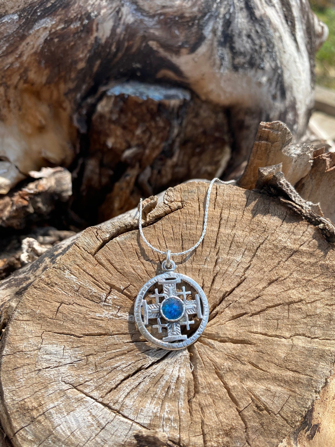 Unique Roman Glass Jerusalem Cross Pendant, Round Sterling Silver ...