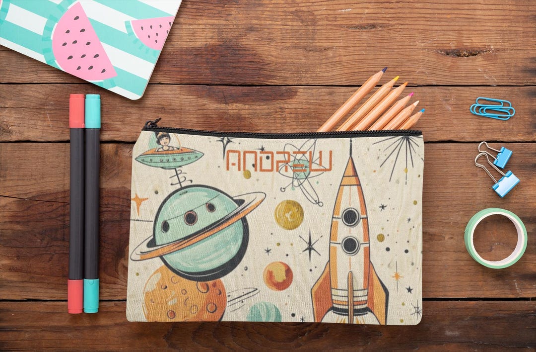 Vintage Space-themed Accessories Pouch, Rocket Ship Planets Makeup Bag ...