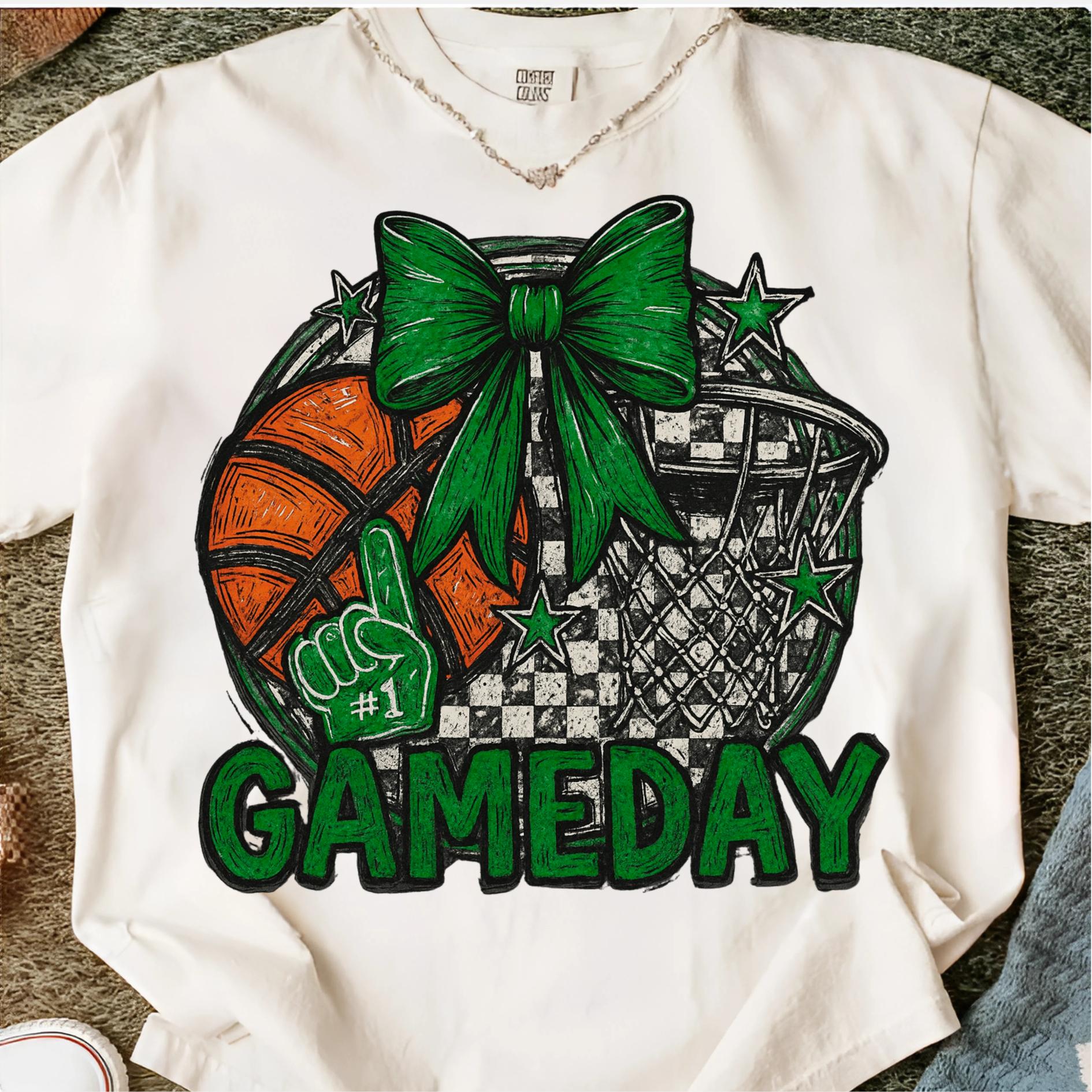 Game Day Basketball Png,preppy Retro Green Coquette Bow Gameday Mom ...