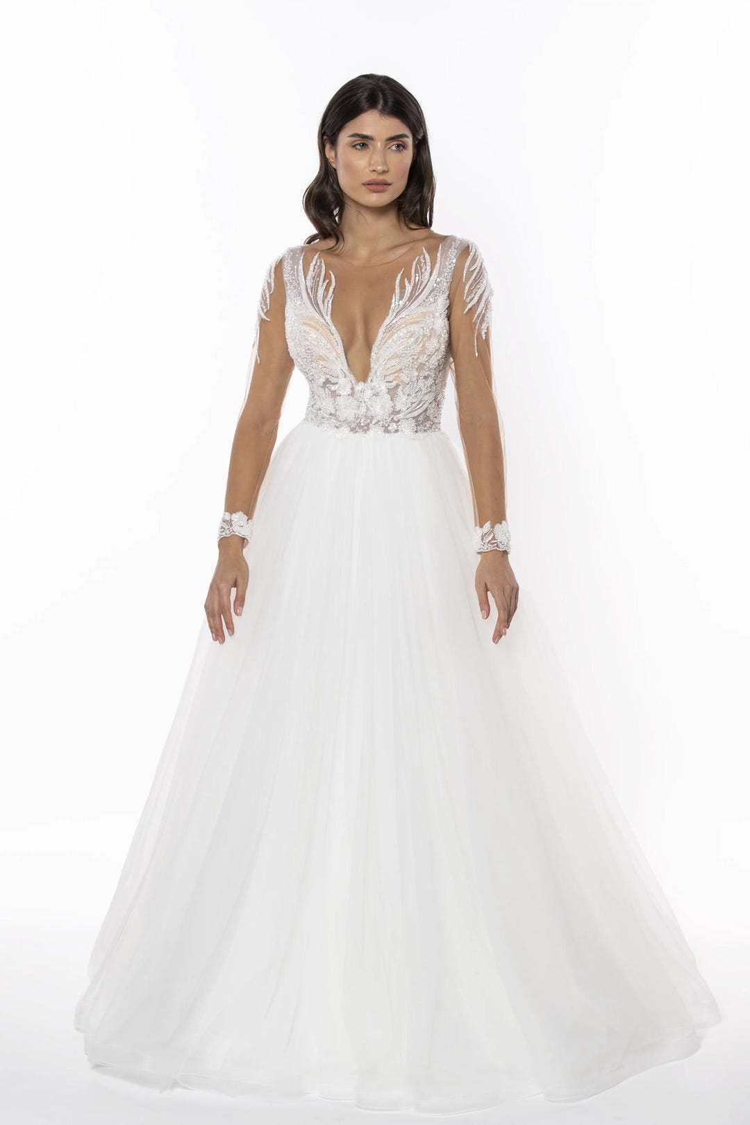 Princess Type Tulle Wedding Dress With Long Sleeves, Hand Embroidered ...