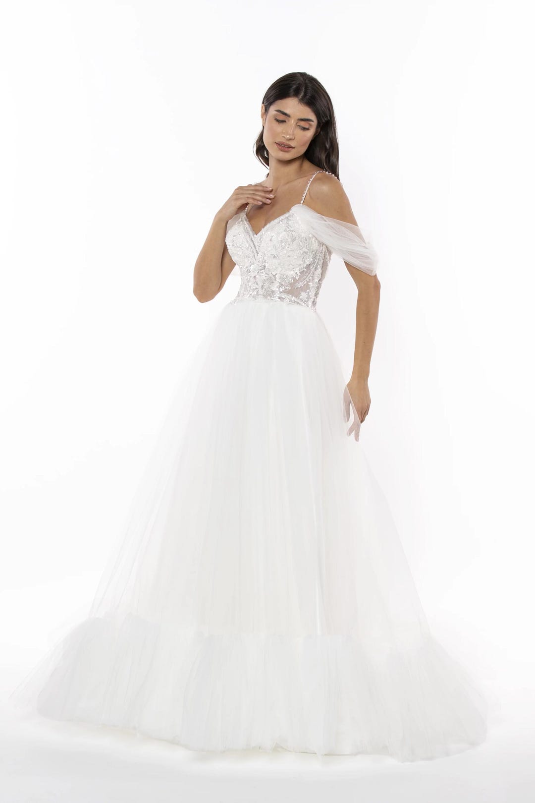 Tulle Princess Wedding Dress With Ruffle and Bare Shoulders, Hand ...
