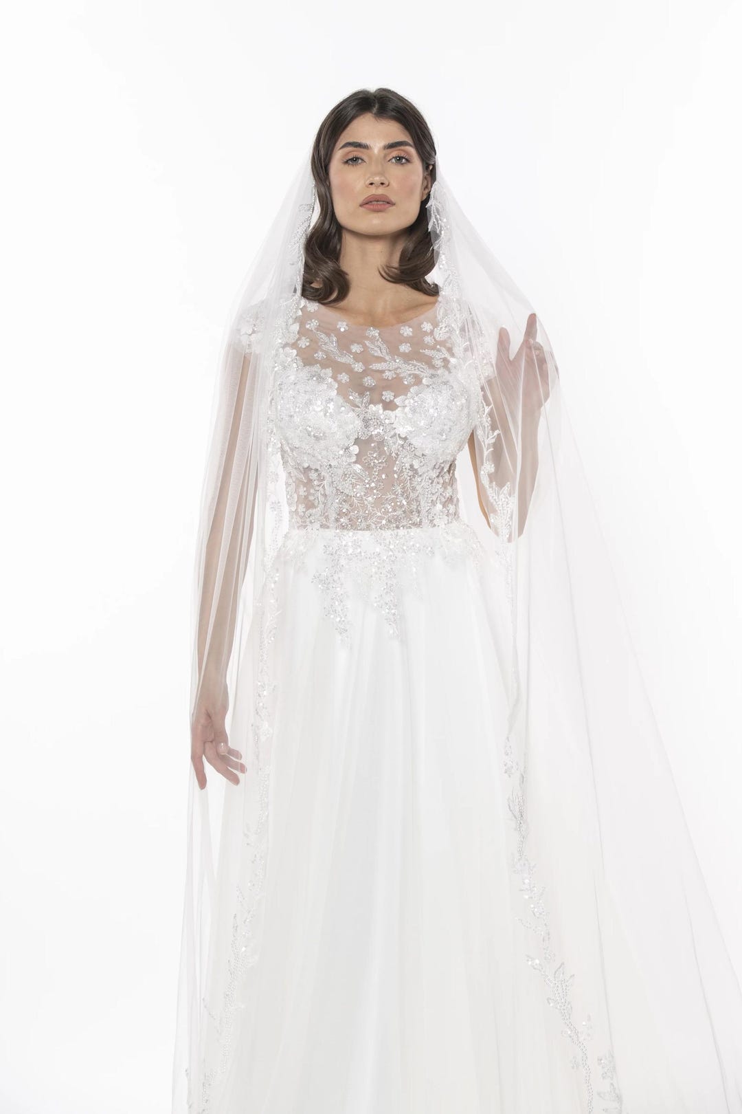 Type A Tulle Wedding Dress, Closed Skirt, Hand Embroidered Bust With ...