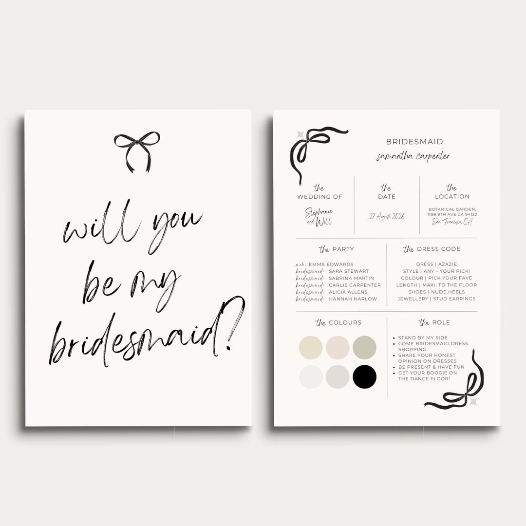 Bridesmaid Proposal & Info Card, Be My Bridesmaid or Maid of Honour ...