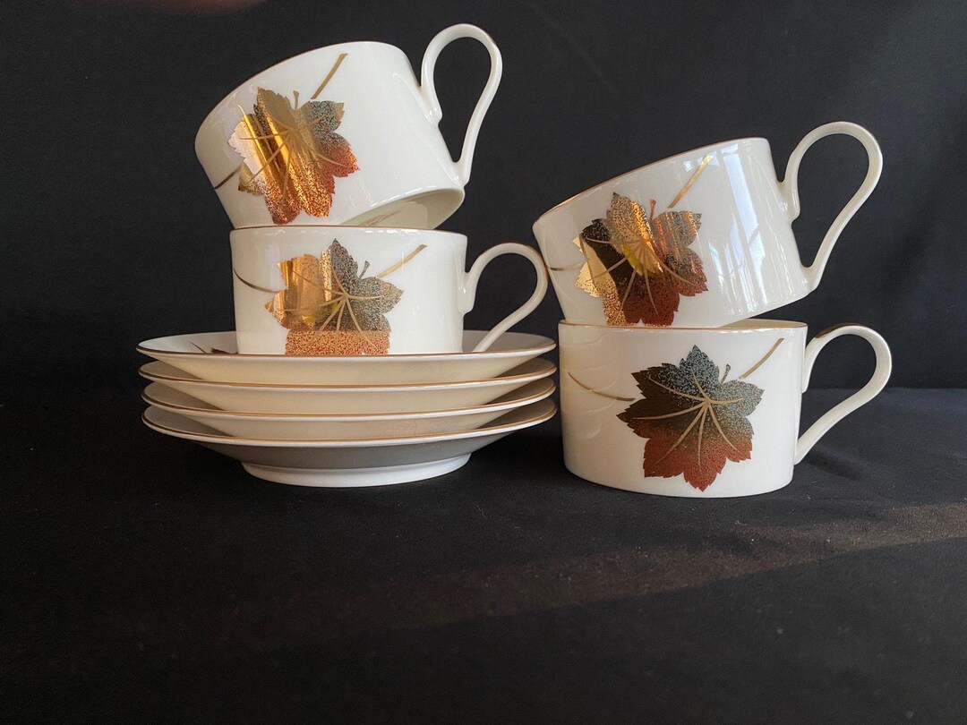 Set of 4 Gold Maple Leaf Teacups and Saucers | Espresso Cups | Fall ...