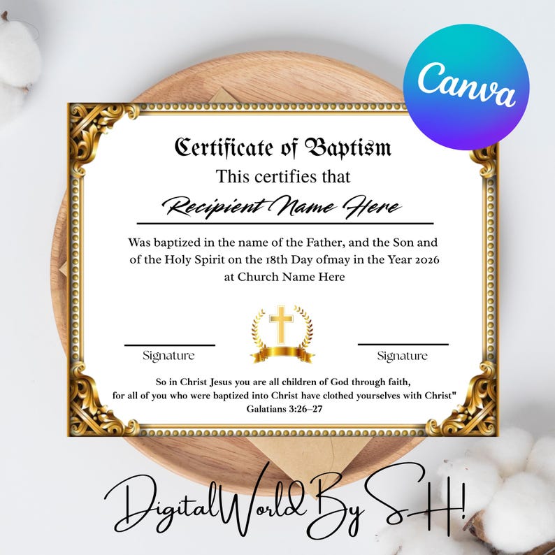 Editable Baptism Certificate Template, Printable Certificate of Baptism ...