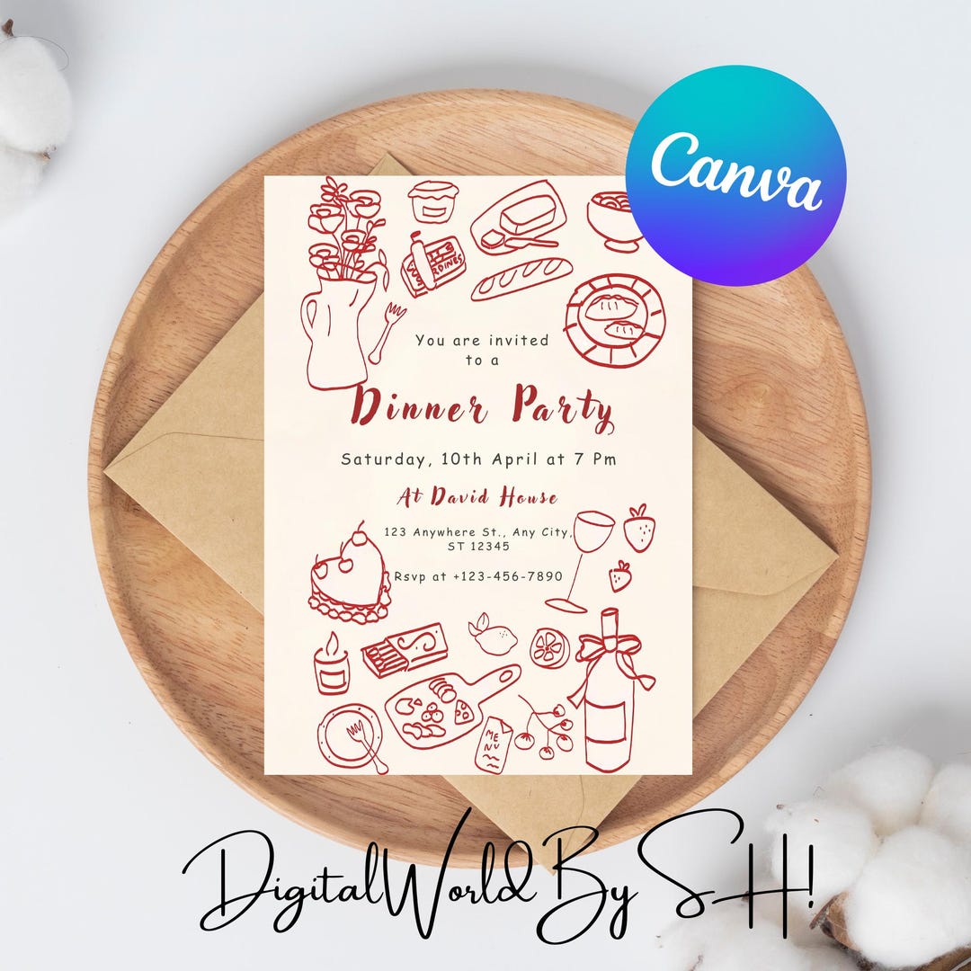 Hand Drawn Illustrated Invitation, Custom Editable Dinner Party ...