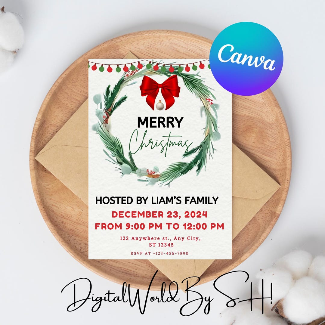 Elegant Wreath Christmas Invitation, Holiday Party Invite, Printable ...