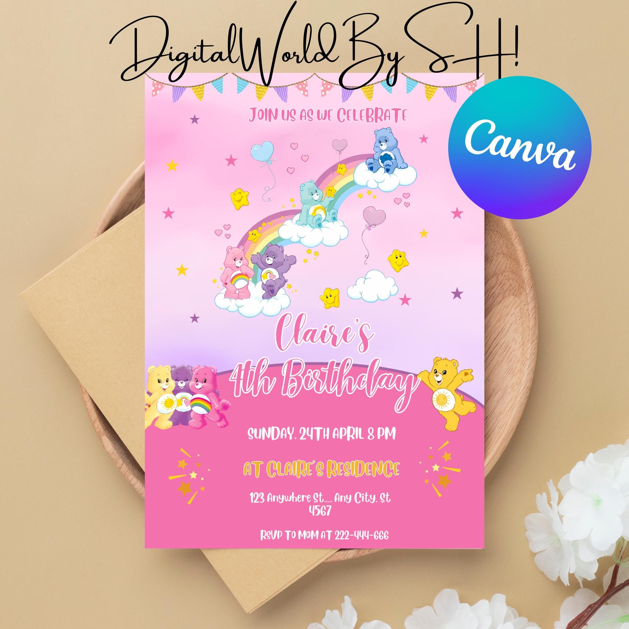 Printable Editable Care Bears Birthday Invitation, Birthday Party ...