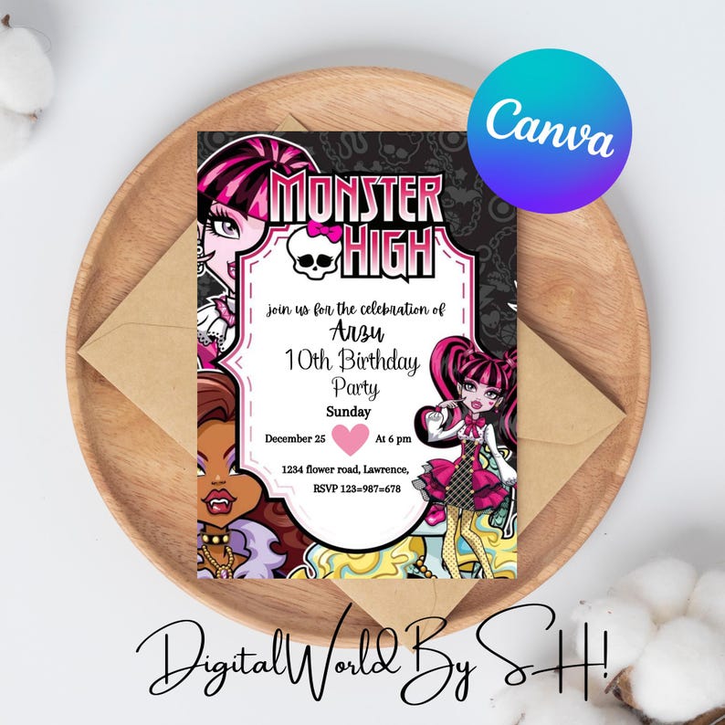 Editable Monster High Party Invitation Cute Doll Design, Perfect for ...