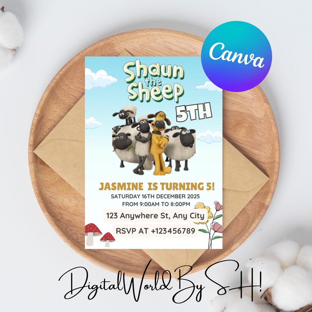 Shaun the Sheep Kids Birthday Invite, Editable Party Invitation Template Shaun the Sheep ...