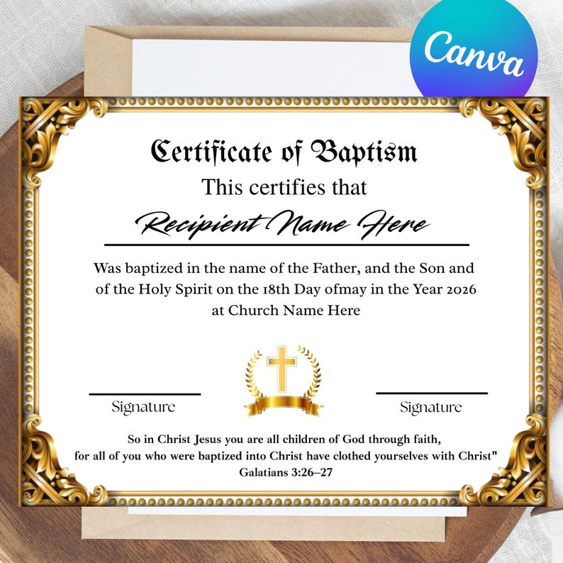 Editable Baptism Certificate Template, Printable Certificate of Baptism ...