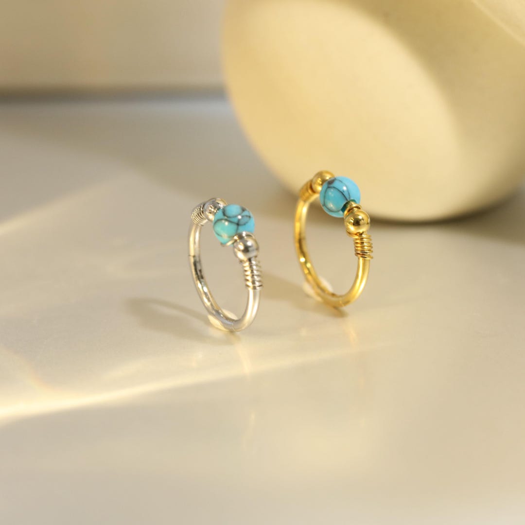 Blue Turquoise Nose Ring Septum Jewelry Round Paved Earring Hinged ...