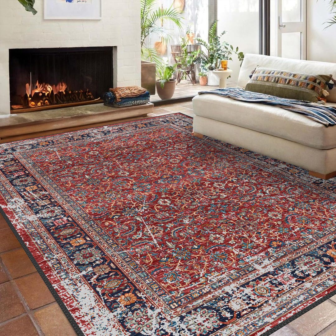 Red Persian Style Area Rug: Washable Chenille Floral Carpet - Etsy
