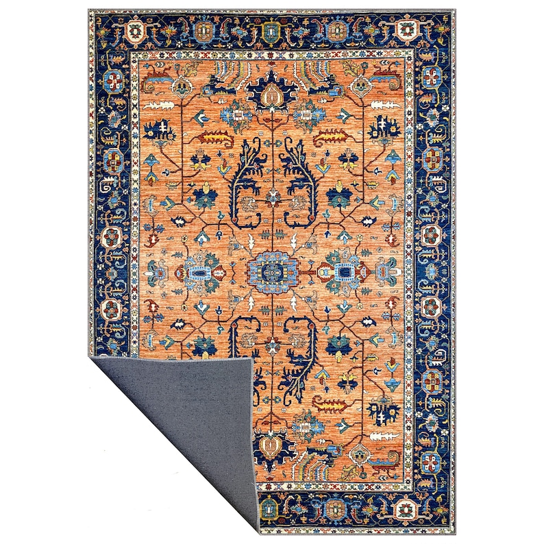 Persian Inspired Orange & Blue Area Rug Traditional Floral Handwoven ...