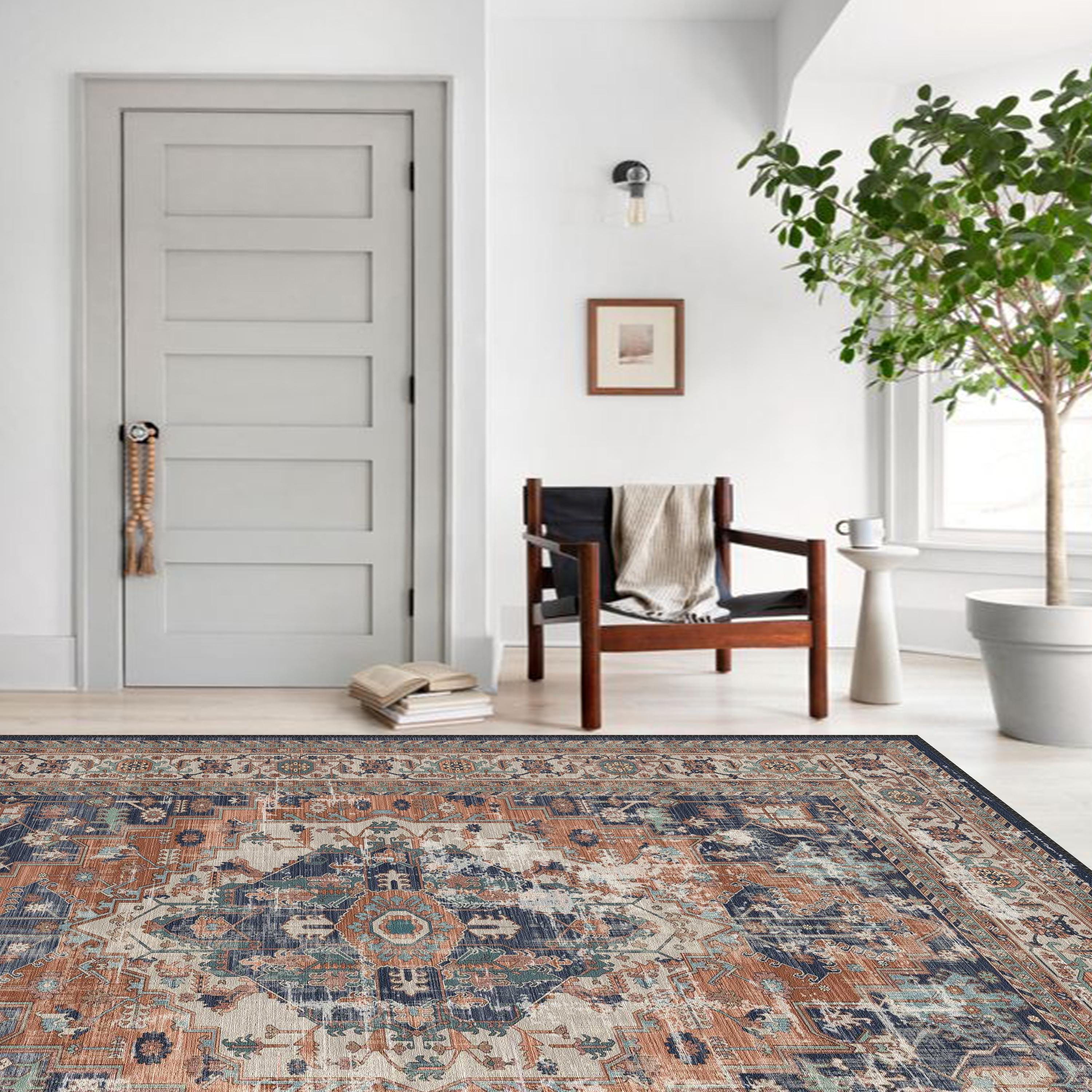 Medallion Vintage Rug Rust & Navy Area Carpet Distressed Oriental Rug ...