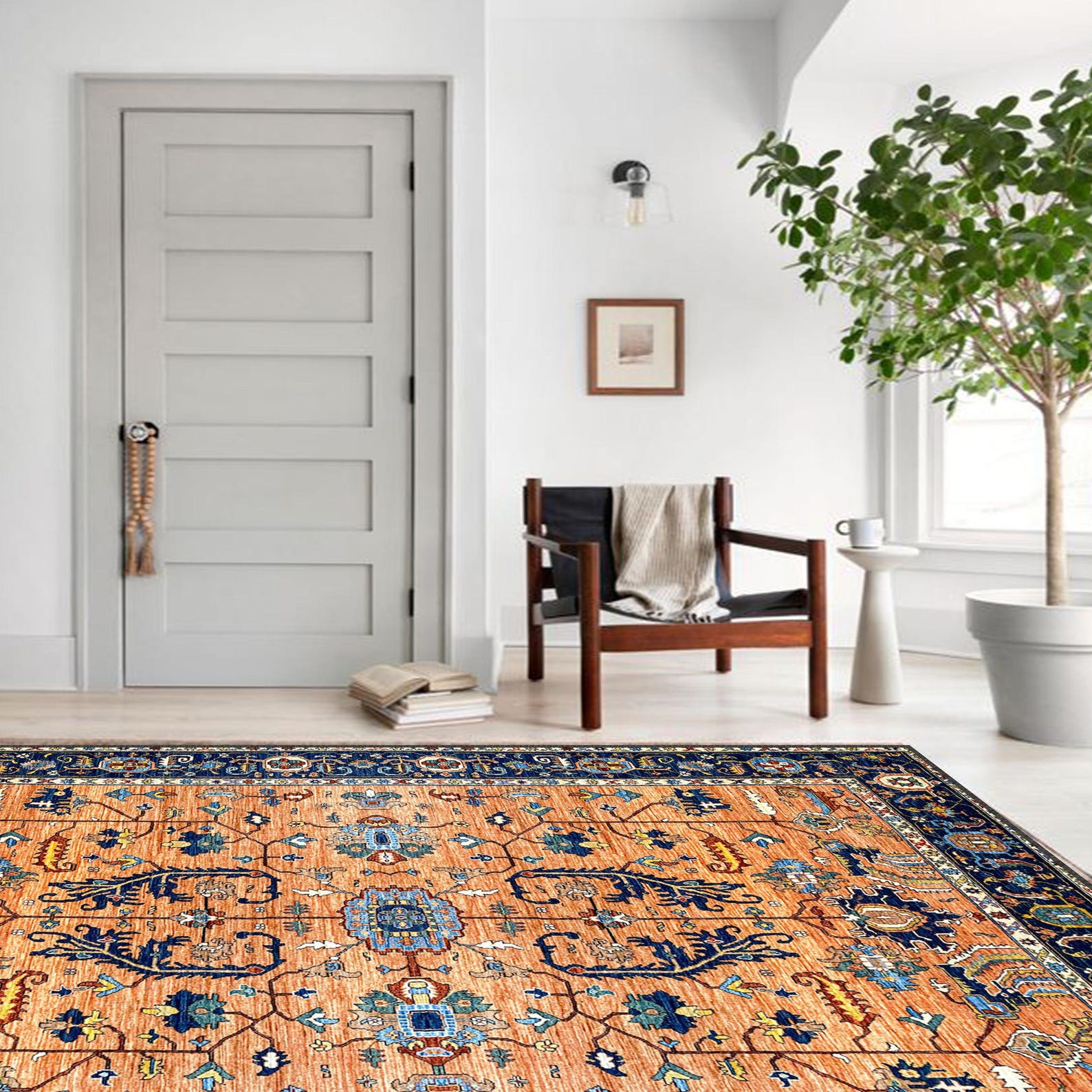 Persian Inspired Orange & Blue Area Rug Traditional Floral Handwoven ...