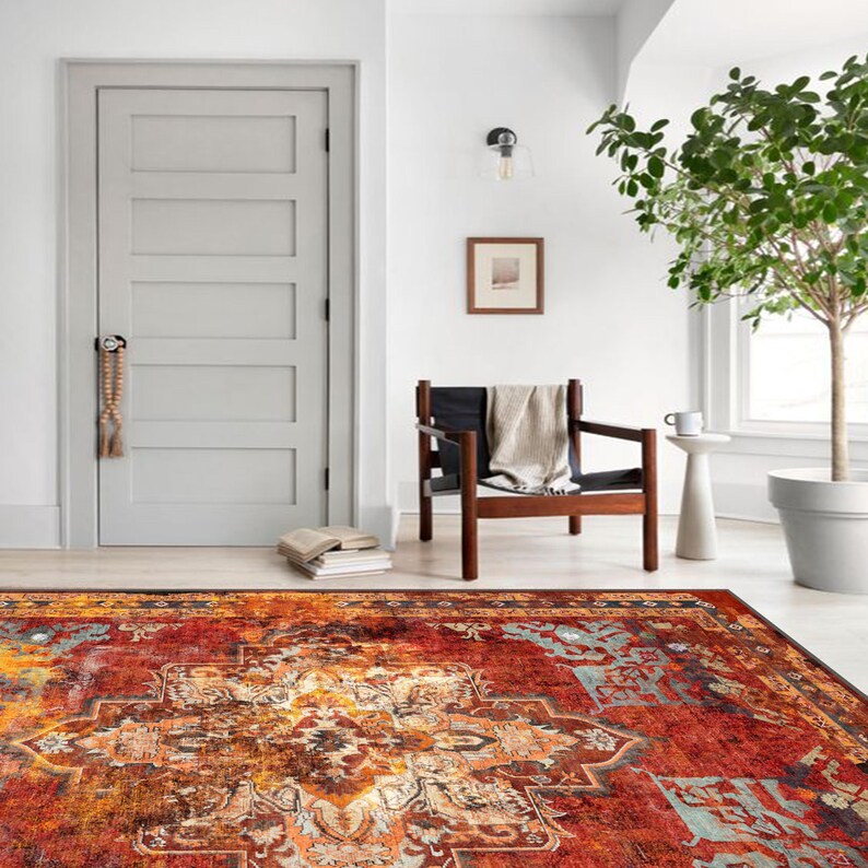 Red Ethnic Boho Vintage Chenille Rug Distressed Oriental Carpet With ...