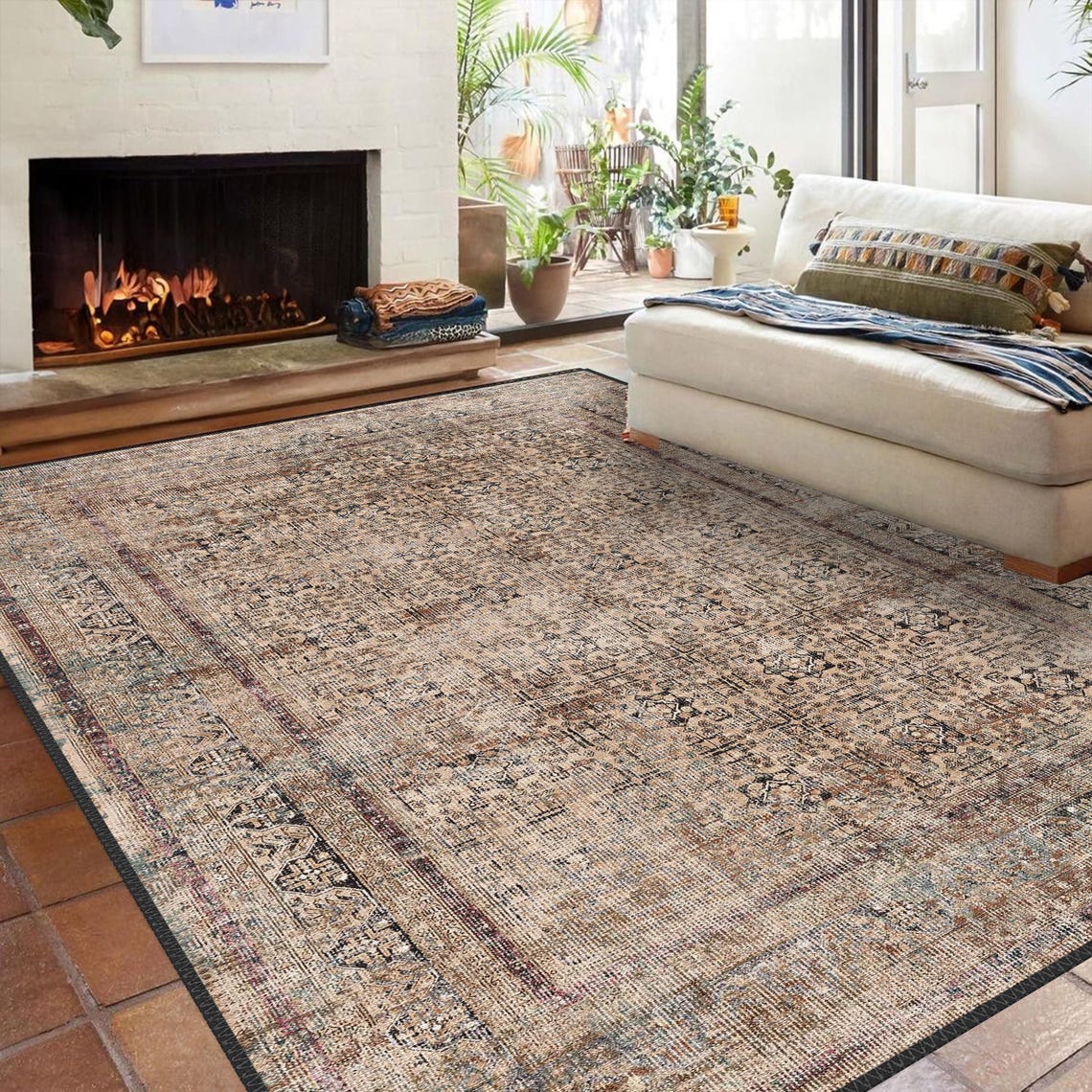Vintage Brown Rug, Distressed Turkish Area Rug for Living Room, Bedroom ...
