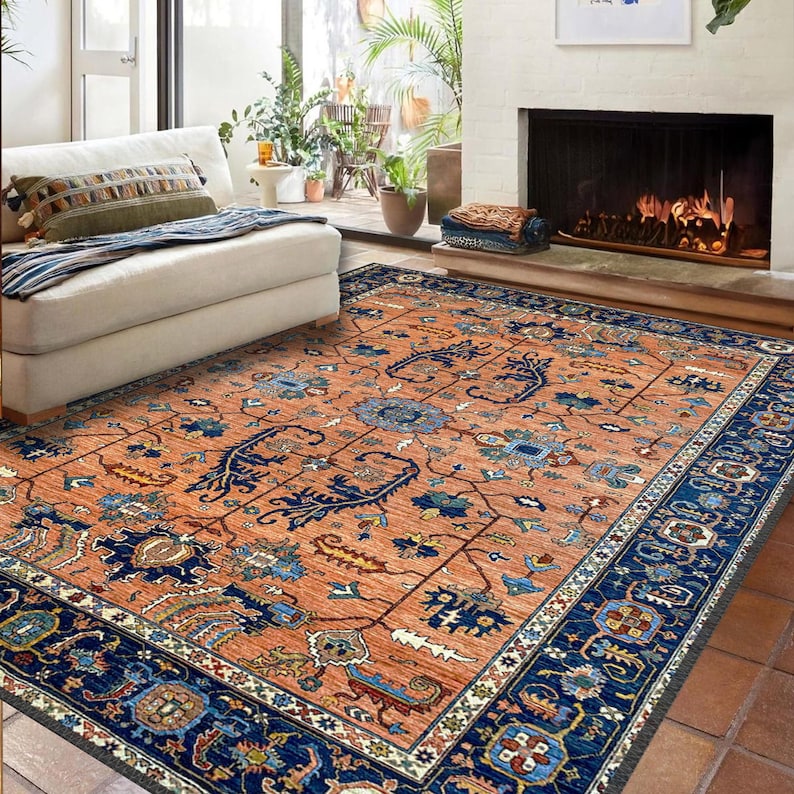 Persian Inspired Orange & Blue Area Rug Traditional Floral Handwoven ...
