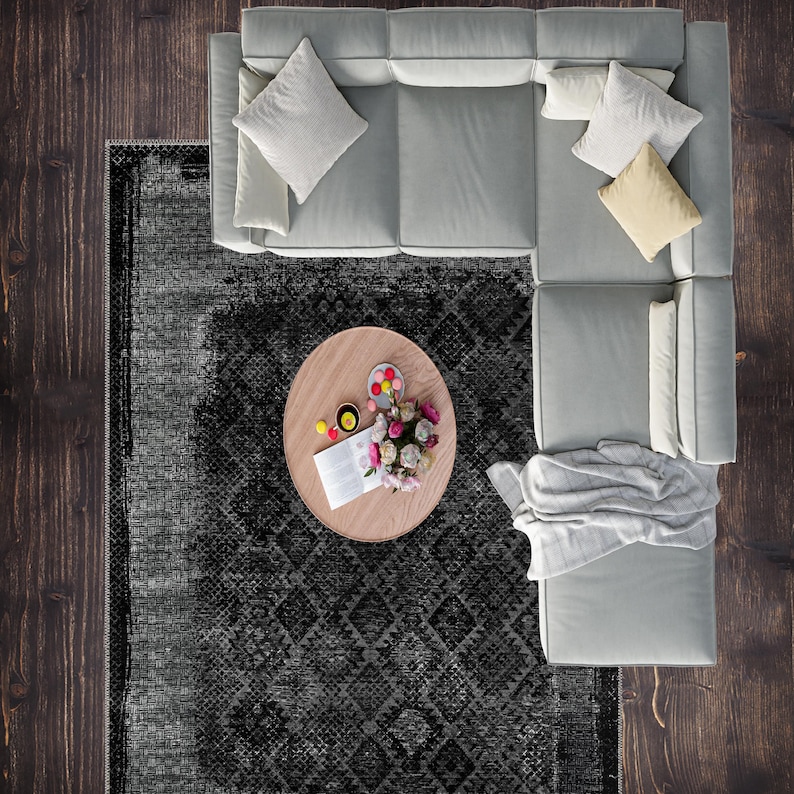 Black Abstract Modern Rug - Vintage Distressed Area Rug - Dark Gray ...