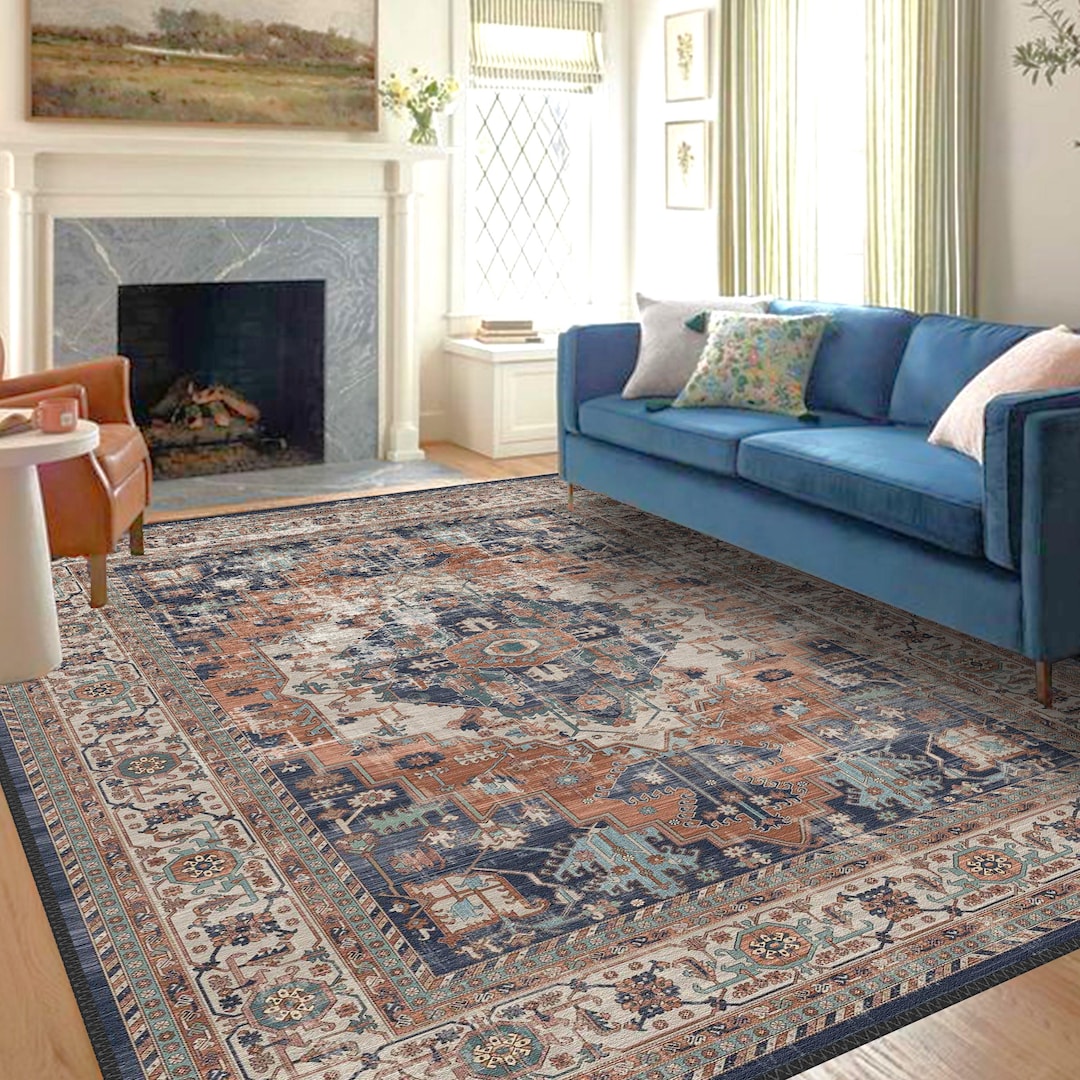 Medallion Vintage Rug | Rust & Navy Area Carpet | Distressed Oriental ...