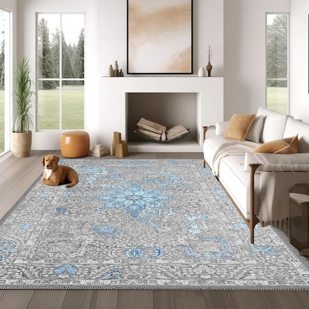 Blue Vintage Area Rug, Boho Chic Floral Medallion Carpet, Living Room ...