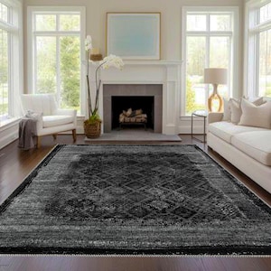 Black Abstract Modern Rug Vintage Distressed Area Rug Dark Gray ...