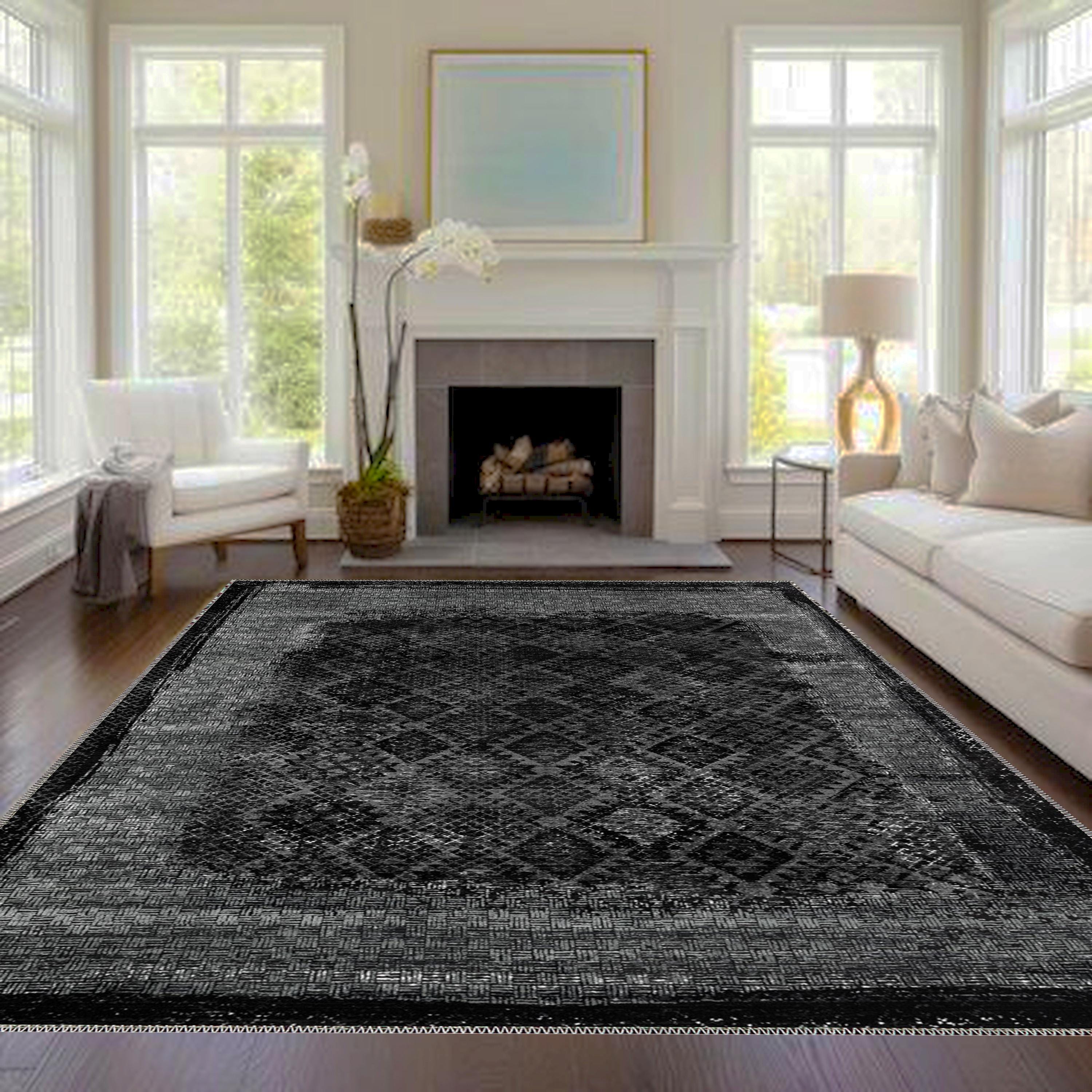 Black Abstract Modern Rug - Vintage Distressed Area Rug - Dark Gray ...
