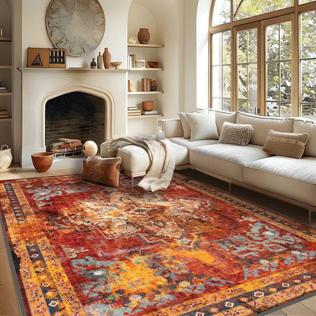 Red Ethnic Boho Vintage Chenille Rug Distressed Oriental Carpet With ...