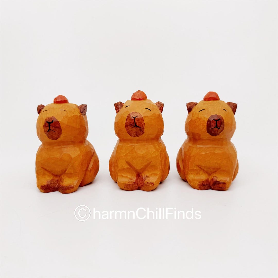 Hand-carved Wooden Capybara Figurines - Adorable Animal Sculptures Trio ...