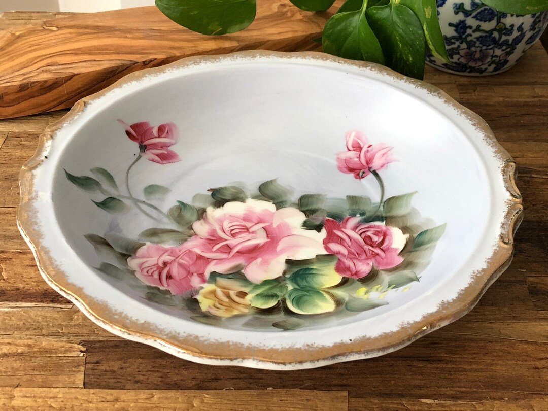 Floral Bowl Gold Rim Blue Pink Roses Painted Ceramic Serving - Etsy