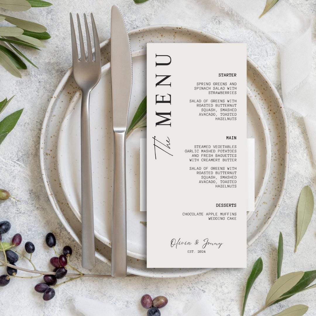 Minimalist Menu & Place Card Template Set, Canva Wedding Menu Template ...