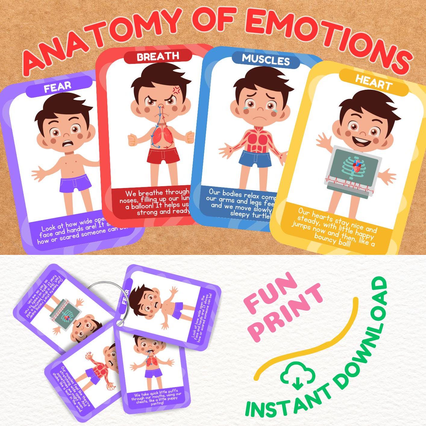 Anatomy of Emotions Flashcards, 16 Printable Feelings Flash Cards, Fear ...