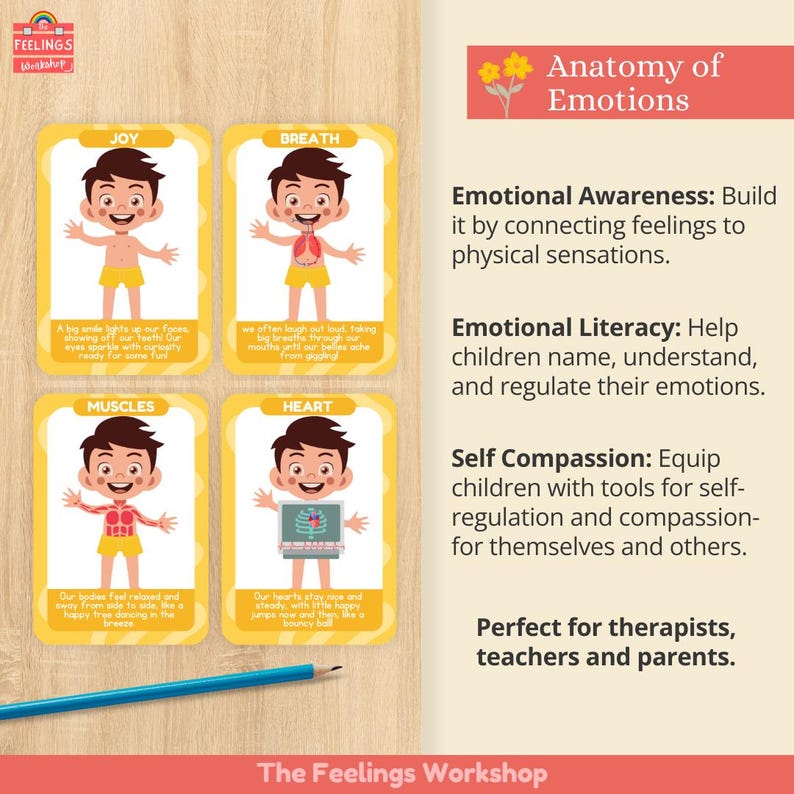 Anatomy of Emotions Flashcards, 16 Printable Feelings Flash Cards, Fear, Anger, Joy, Sadness ...