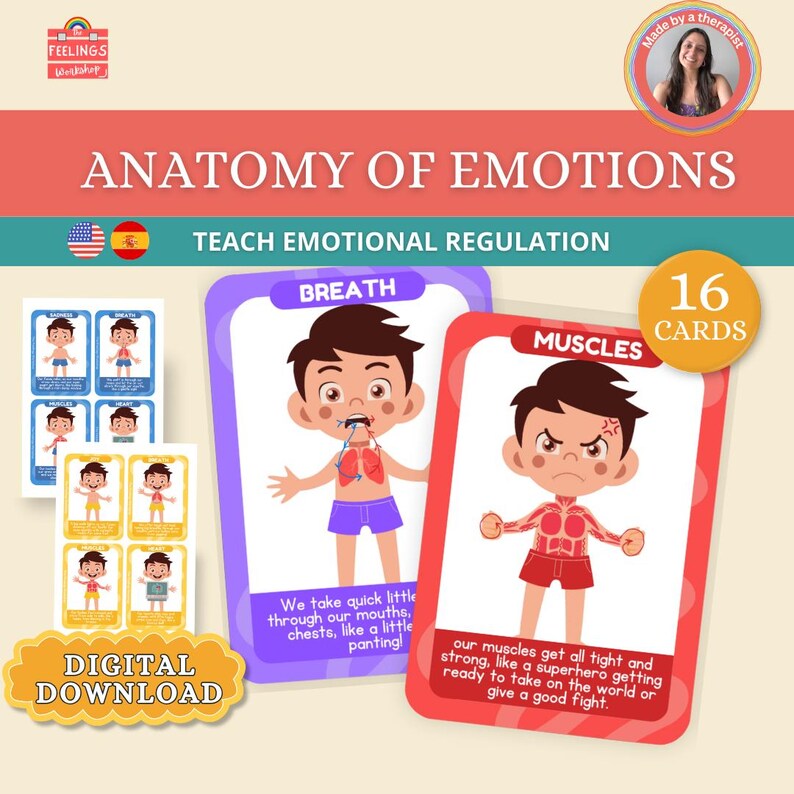 Anatomy of Emotions Flashcards, 16 Printable Feelings Flash Cards, Fear, Anger, Joy, Sadness ...