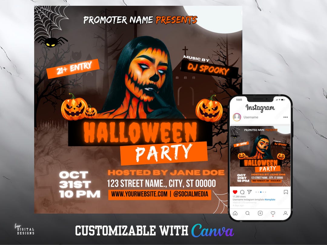 Editable Halloween Party Flyer: Canva Template (5x5 In) - Etsy