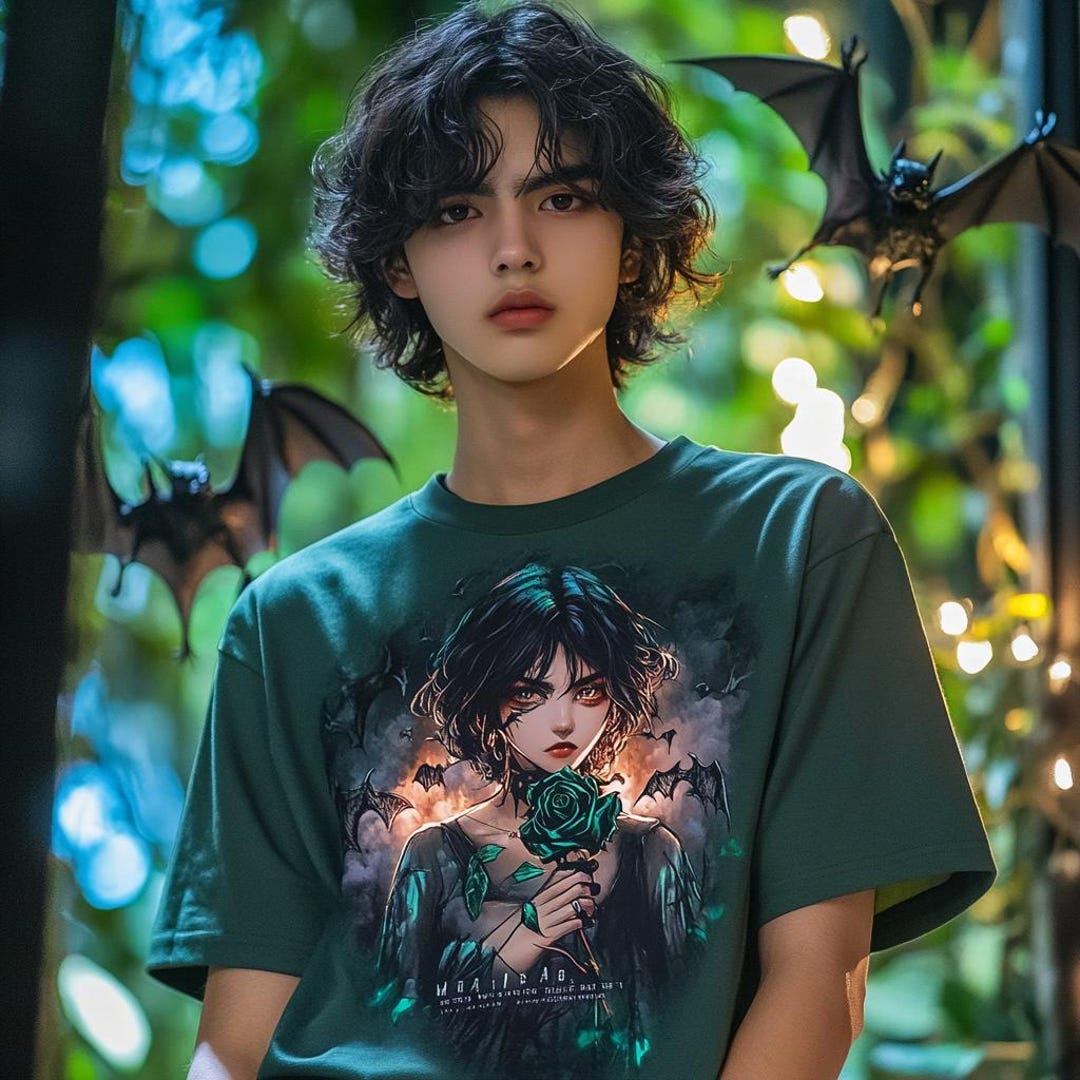 Gothic Witch and Bats Art Graphic Tee Deep Green T-shirt Halloween Dark ...