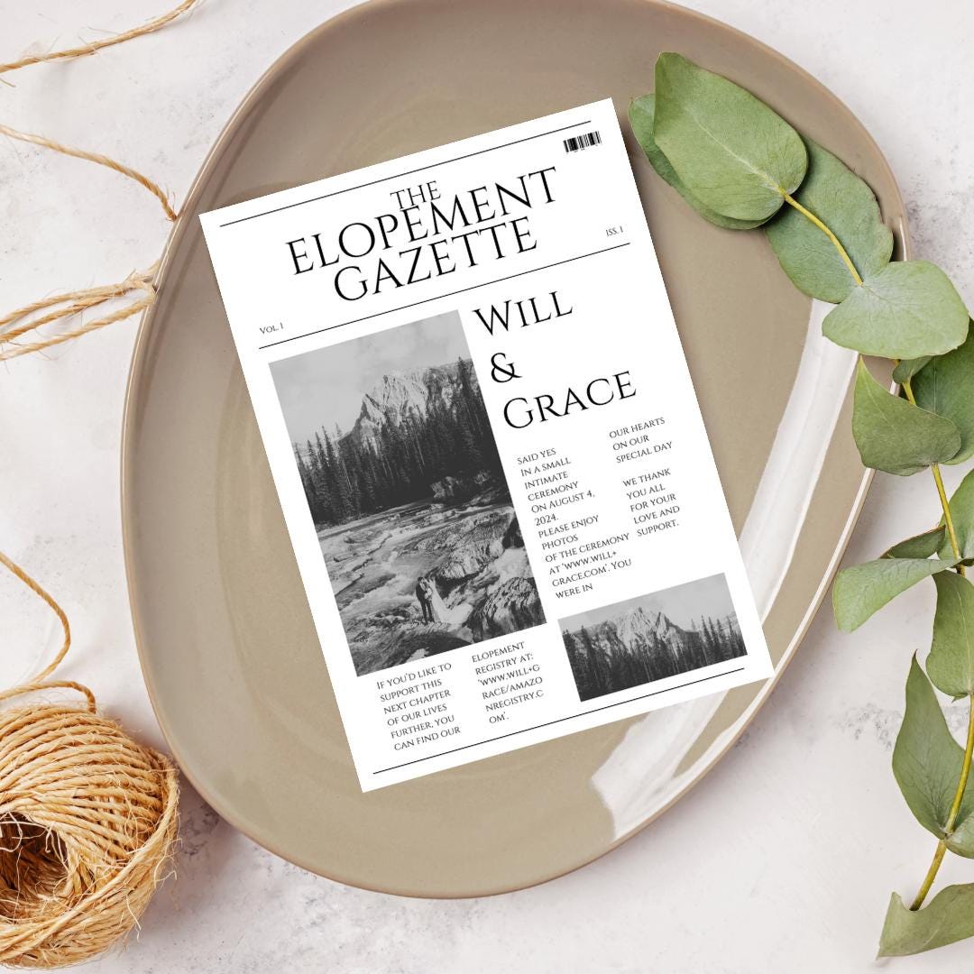 Modern Newspaper Layout Elopement/engagement/wedding Announcement Fully ...