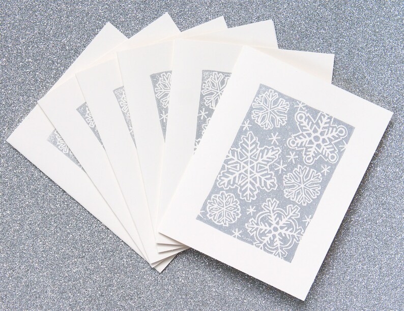 Snowflake Card Set in Silver Hand Printed Linocut - Etsy