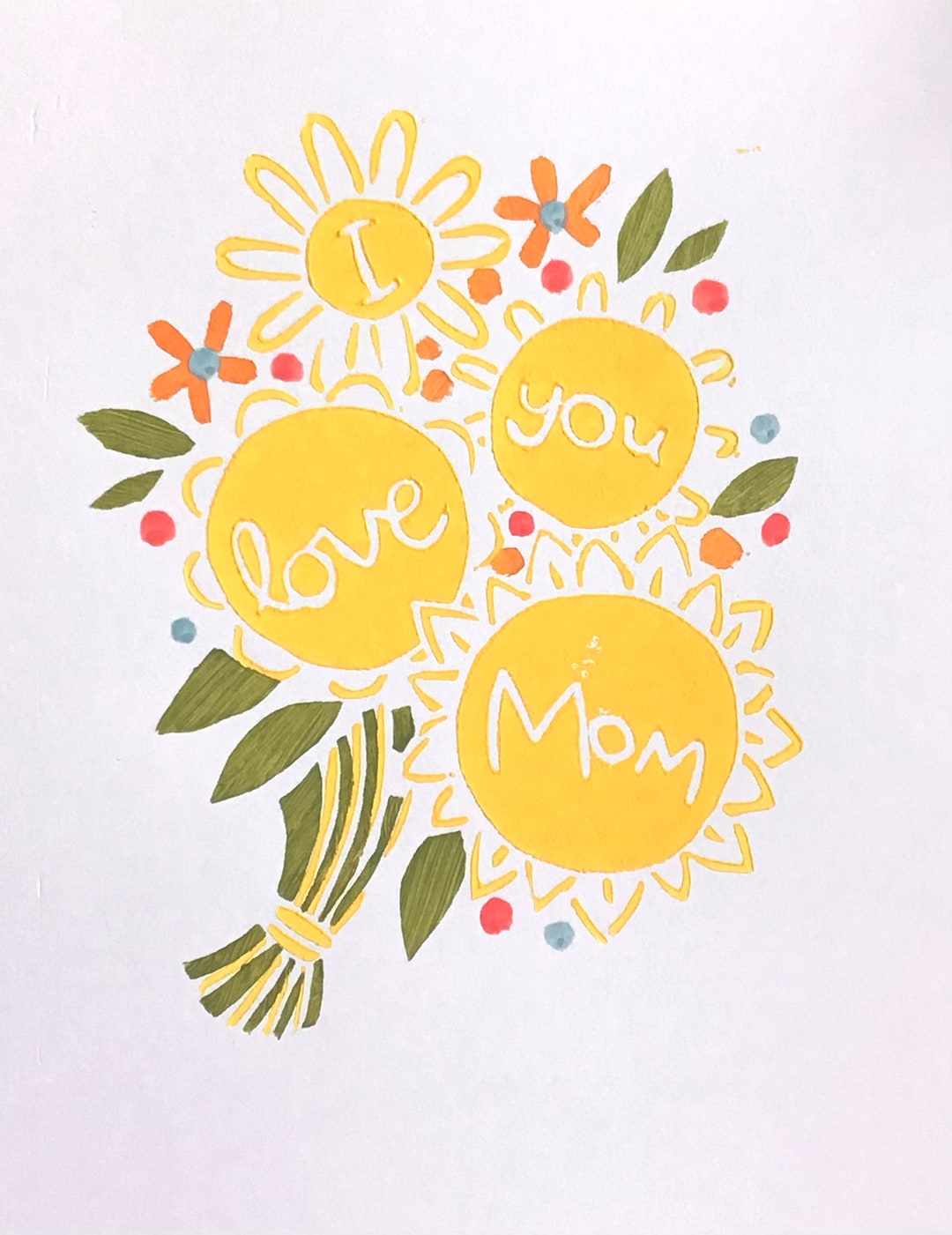 Hand Printed Mother's Day Card - I Love You Mom - Etsy