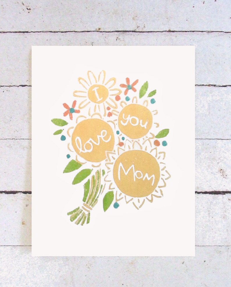 Hand Printed Mother's Day Card I Love You Mom | Etsy