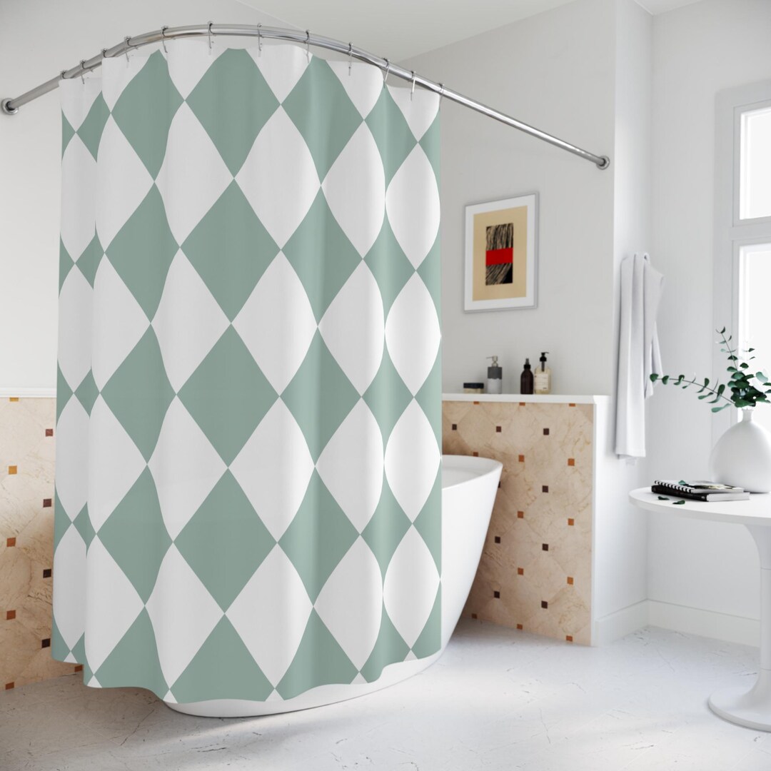 Mint Green Diamond Pattern Shower Curtain Checker Modern Bathroom Mint ...