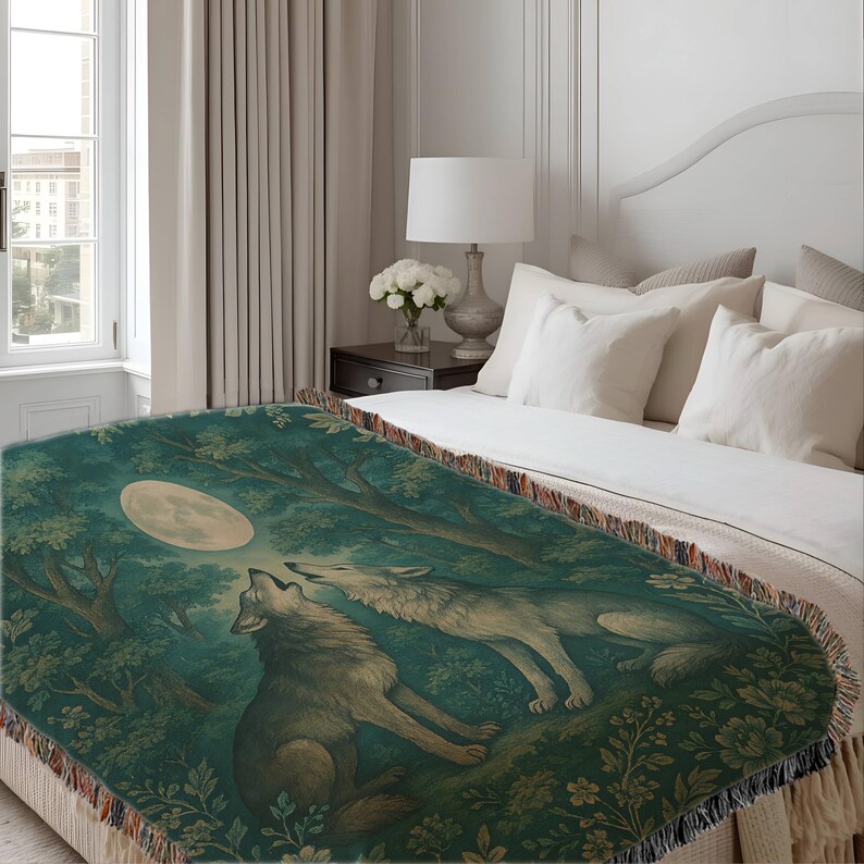 Wolf Couple Howling Cozy Woven Blanket Wolf & Moon Tapestry Gift for ...