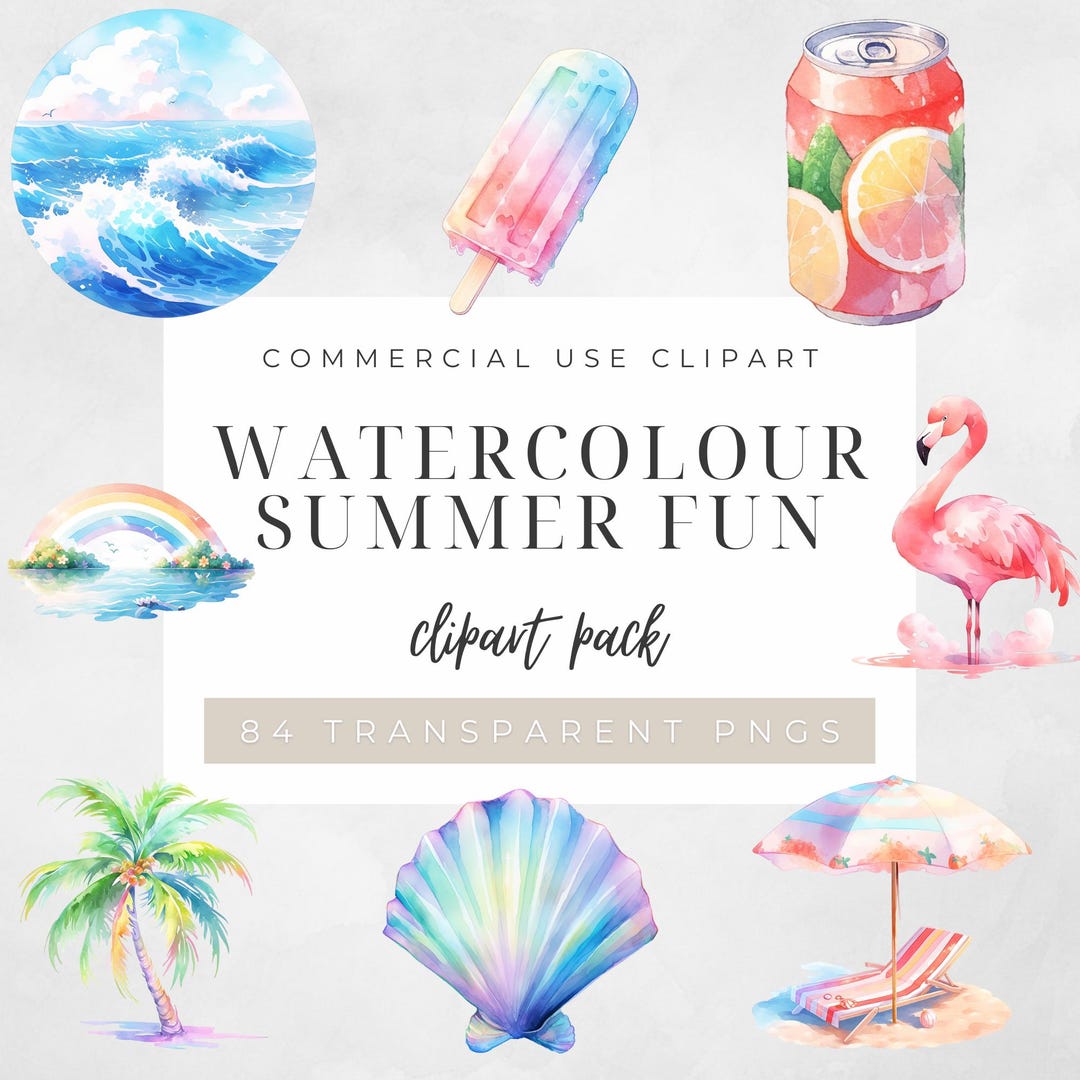 Summer Fun Watercolor Digital Sticker Pack | Cute Beach and Tropical ...